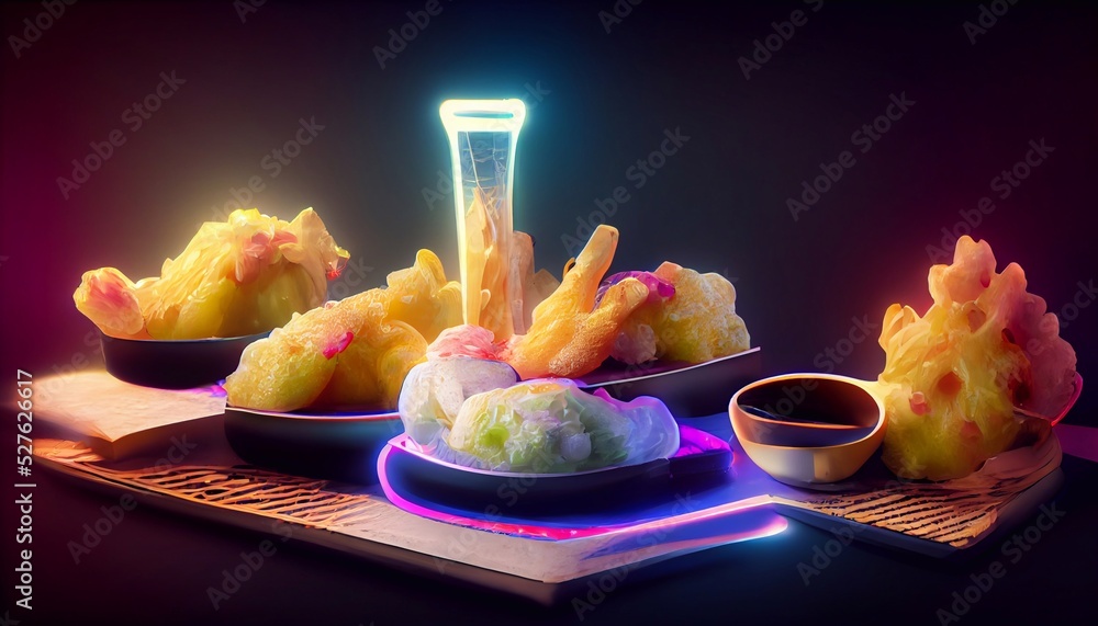 cyberpunk food futuristic tempura , japanese food, neon light on ...
