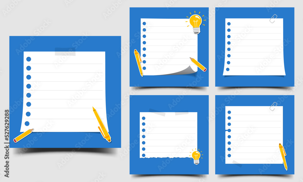 Set of Note paper with blue background. Editable square banner for ...