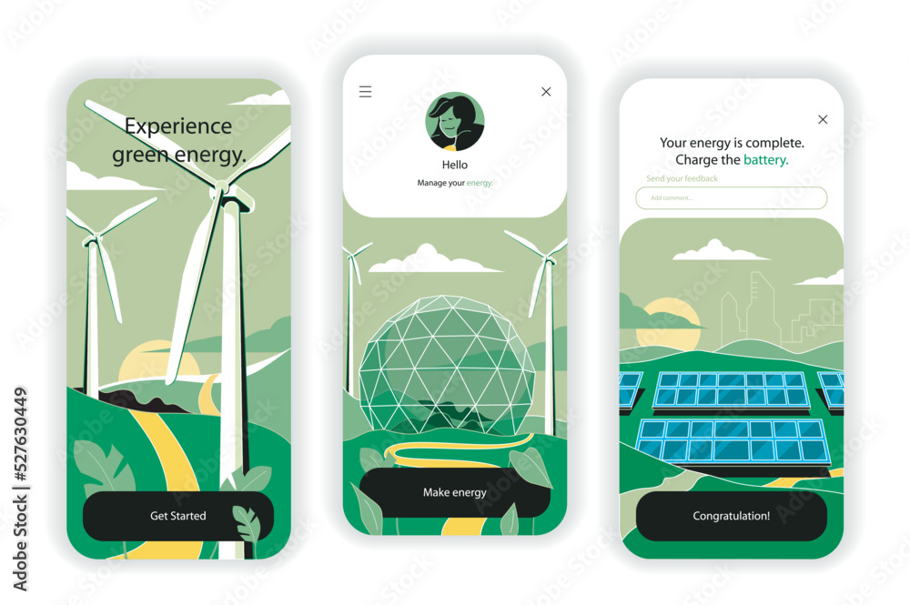 Green energy concept onboarding screens. Alternative energy sources and ...