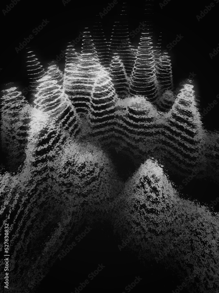 3D illustration exploding surface view shades of grey contour lines on ...