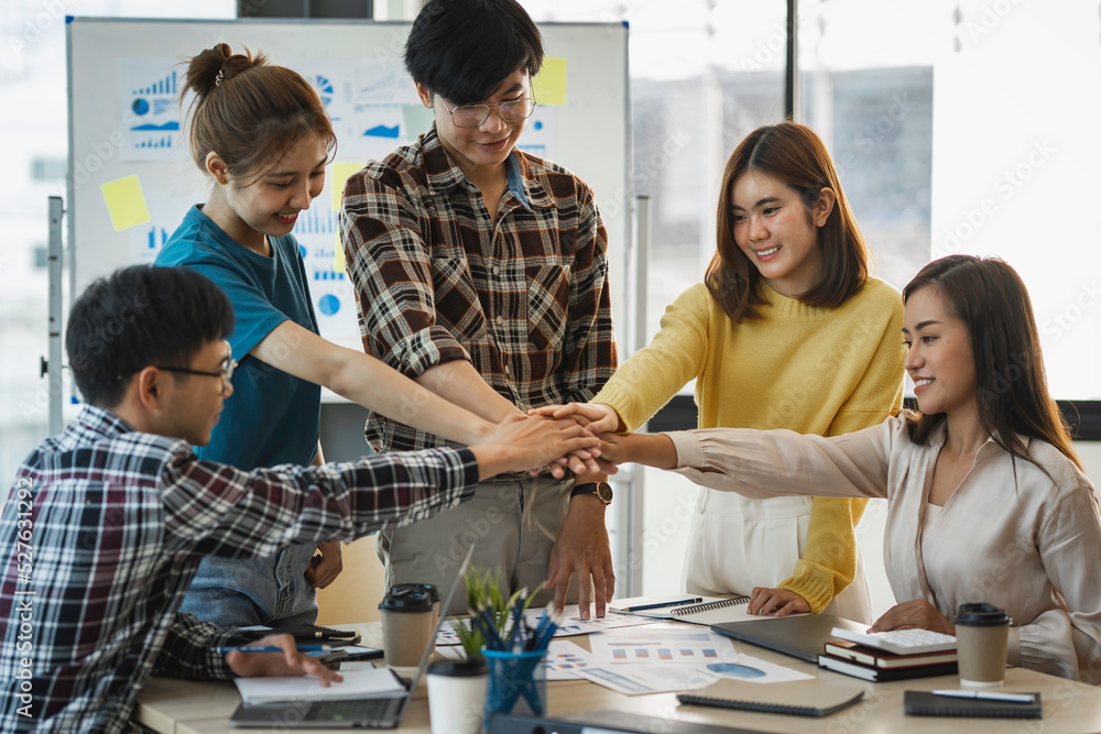 teamwork business join hand together concept, Business team standing ...