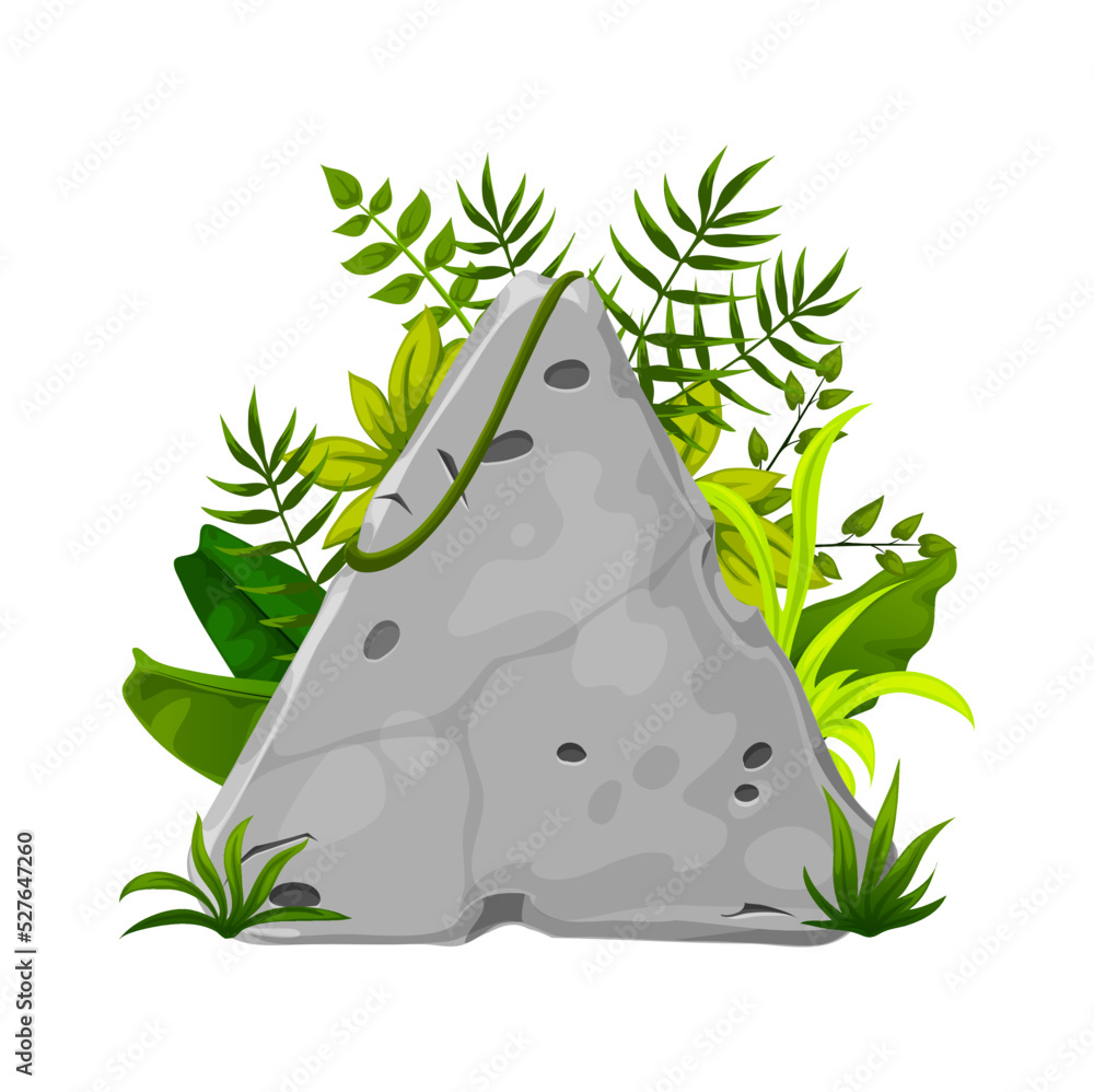 Cartoon forest jungle liana, triangle shape rock with rainforest plant ...