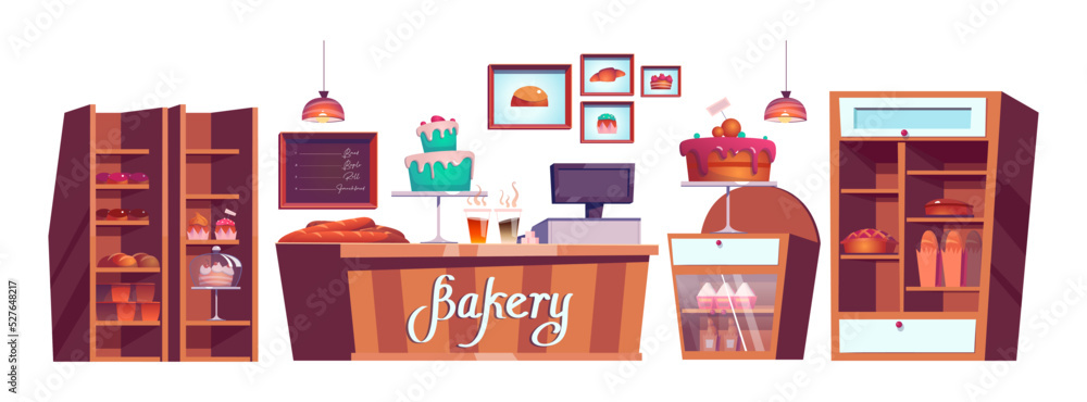 Interior of empty cozy bakery cartoon illustration set. Cafe shop with ...