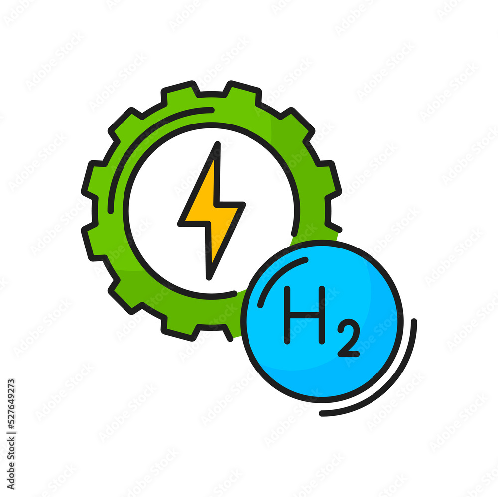 Hydrogen green energy color icon of H2 molecule and industry cogwheel ...