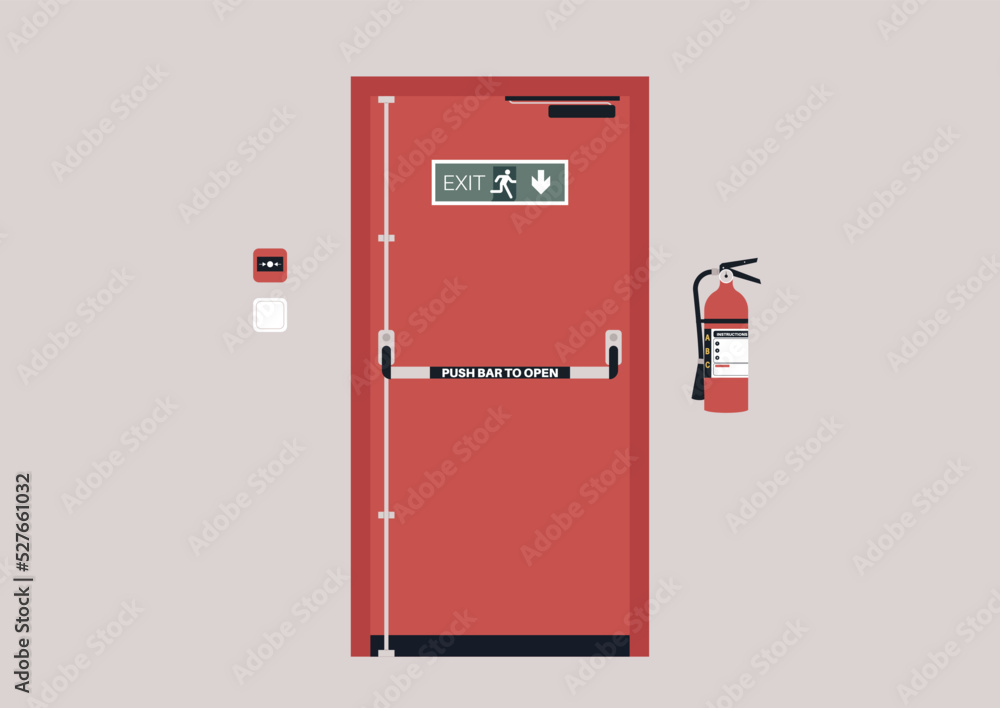 Emergency exit door, alarm button and fire extinguisher, industrial ...