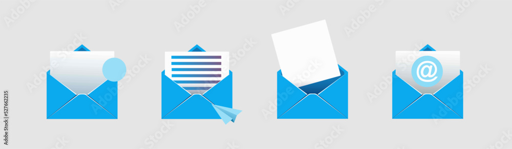 open mail envelope icon set with marker new message isolated on grey ...