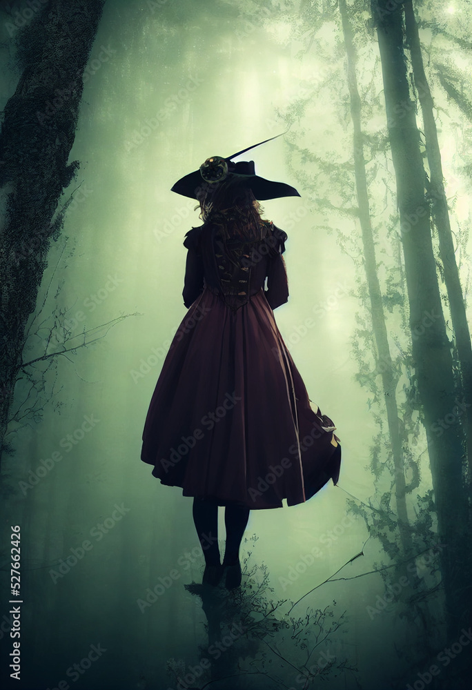 sorciere avec chapeau de dos qui parcours une foret obscure Stock ...