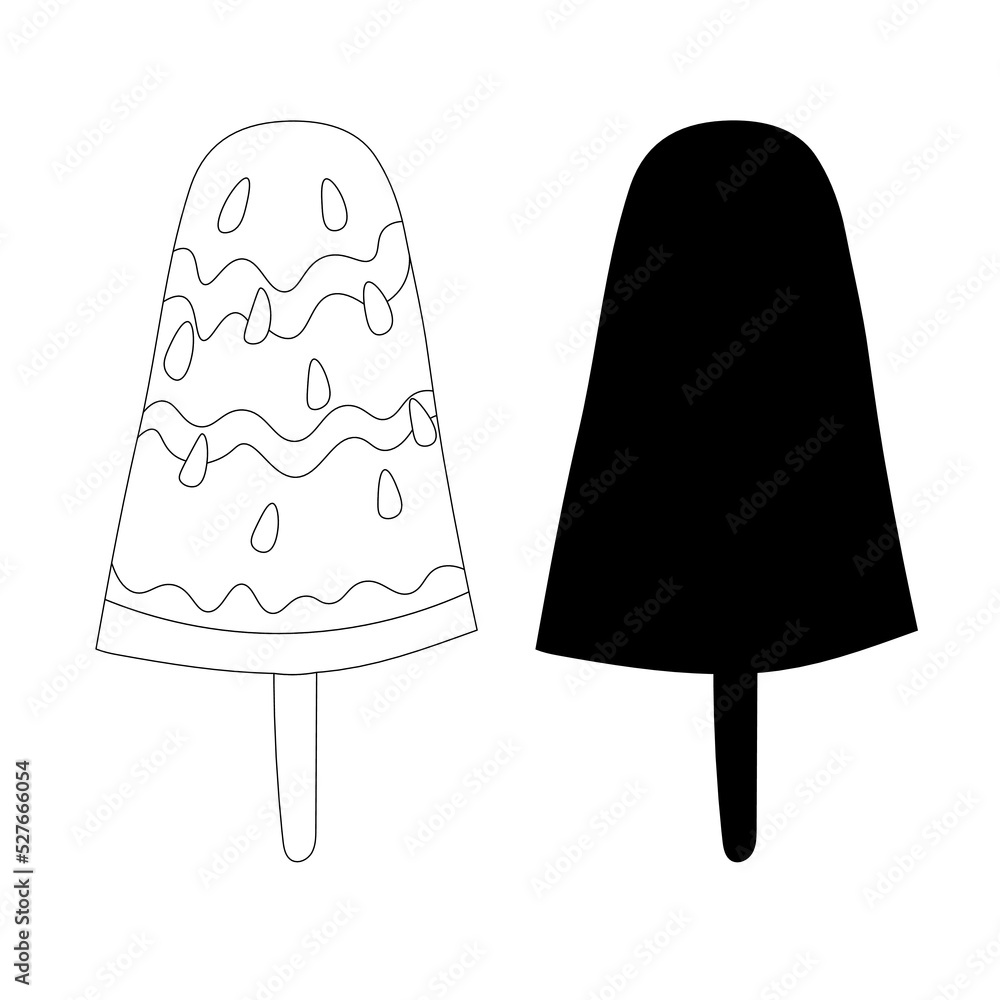 Appetizing ice cream with fruits and syrup, coloring and silhouette ...
