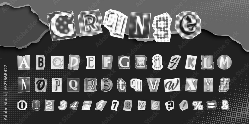 Black-white letters, numbers and punctuation marks cut from newspapers ...