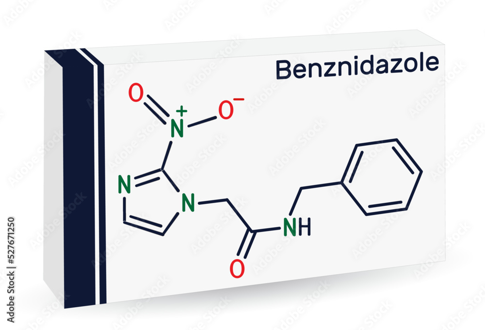 Benznidazole molecule. It is antiparasitic drug used in the treatment ...