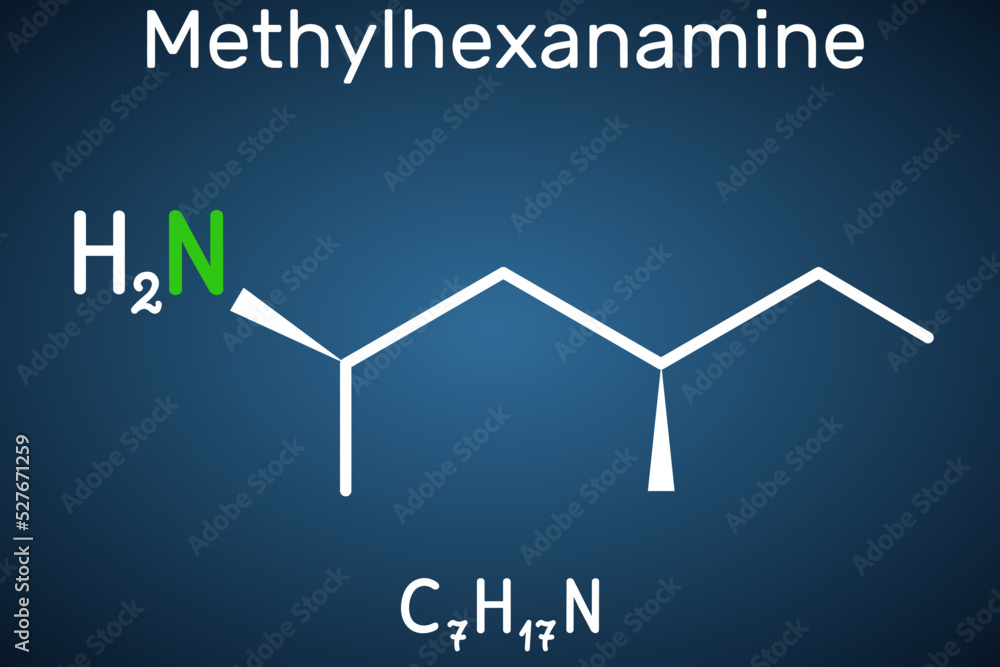 Methylhexanamine, methylhexamine, dimethylamylamine, DMAA molecule. It ...
