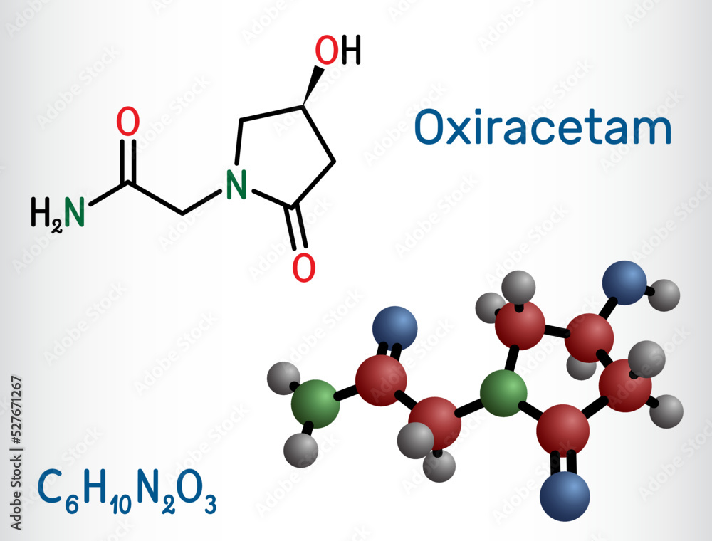 Oxiracetam molecule. It is is a nootropic drug of the racetam family ...