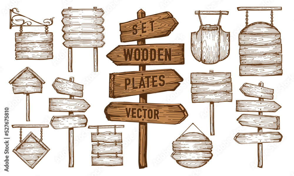 Set wooden banner, sign posts or boards. Signboard, signpost with signs ...