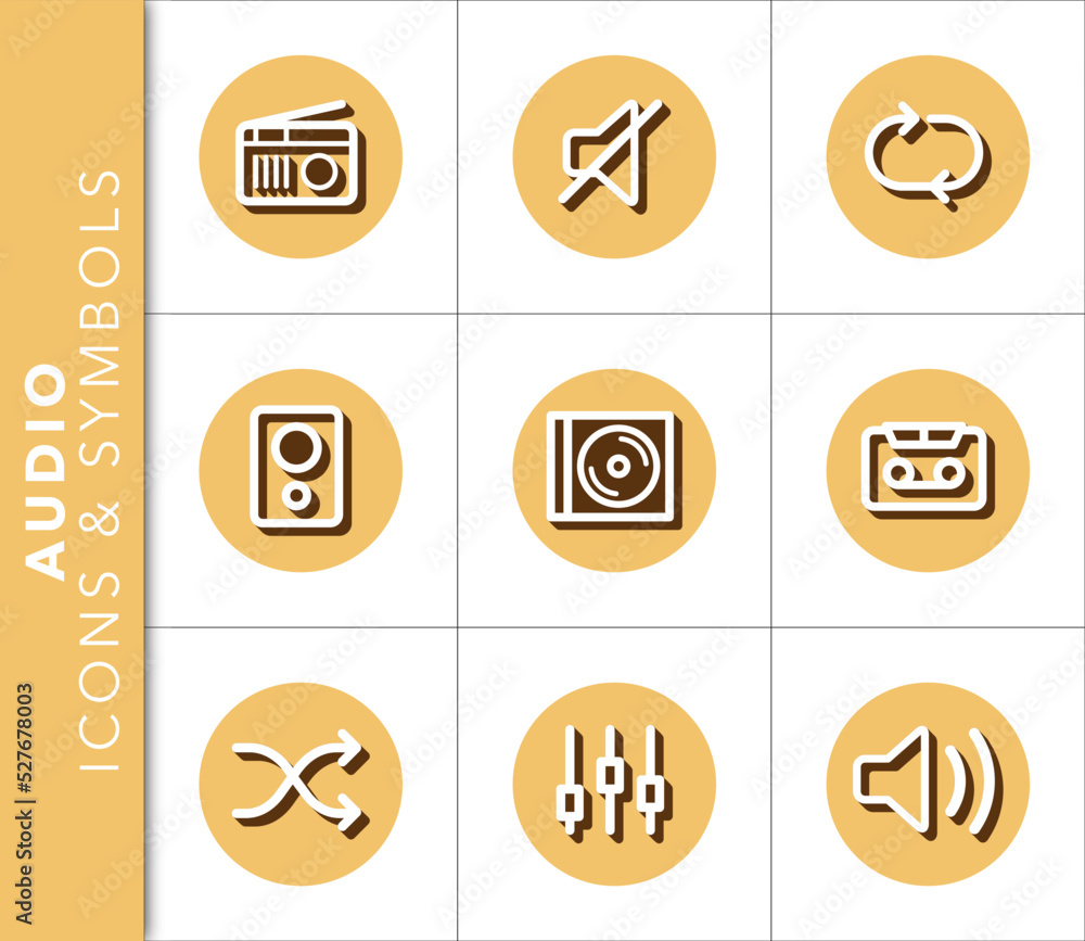 Icons and symbols set related to audio and music with shadow on orange ...