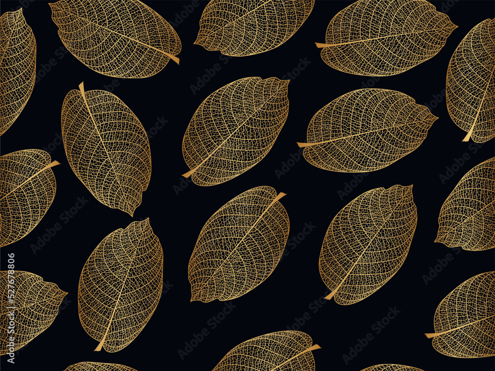 Vector illustration of gold leaves. Patterns of skeletal leaf cells ...