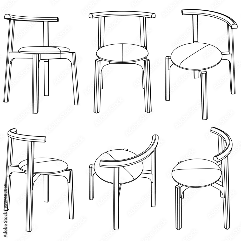 Collection of elegant modern chairs hand drawn with in lines on white ...