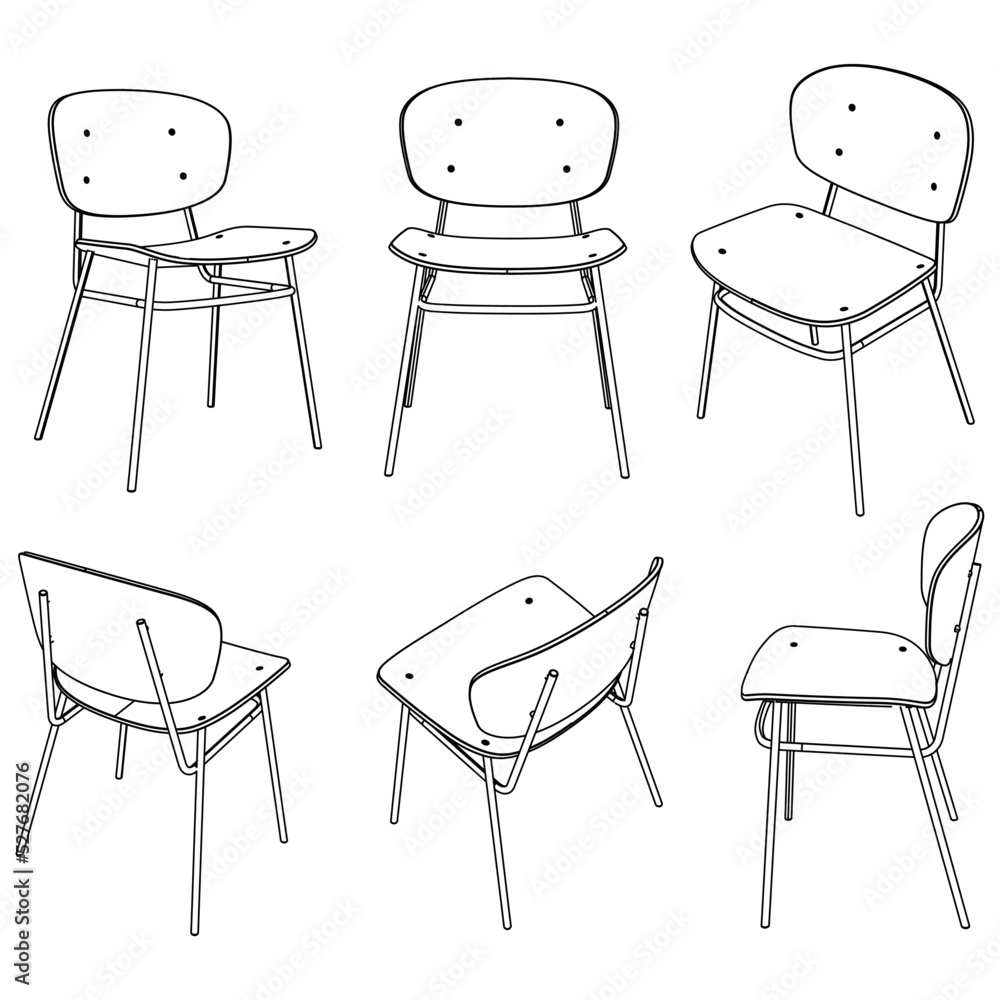 Collection of elegant modern chairs hand drawn with in lines on white ...