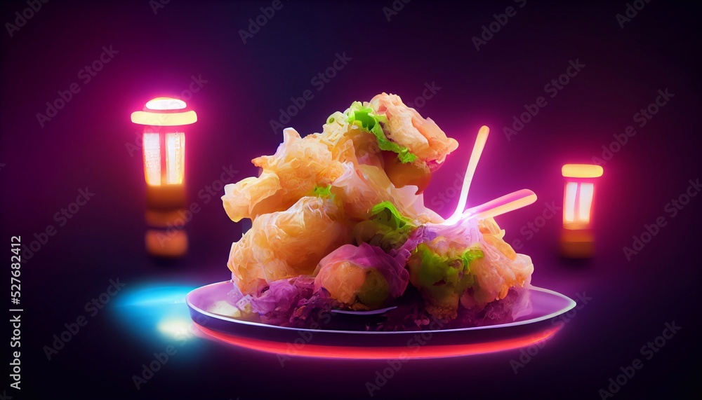 cyberpunk food futuristic tempura , japanese, chinese, asian food, neon ...