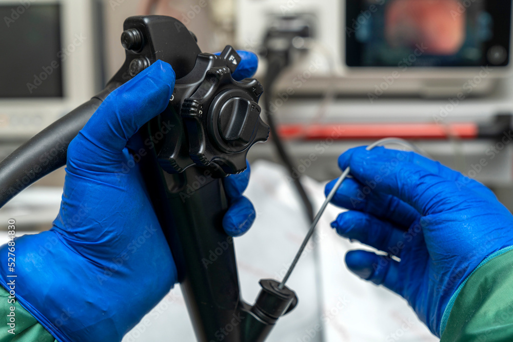 Endoscopic examination in the clinic. Doctor holding an endoscope ...