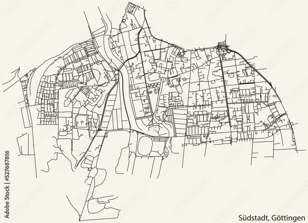 Detailed navigation black lines urban street roads map of the SÜDSTADT ...