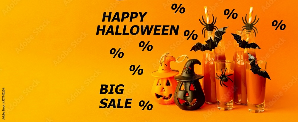 Banner, on an orange background festive cocktails and ghostly ...