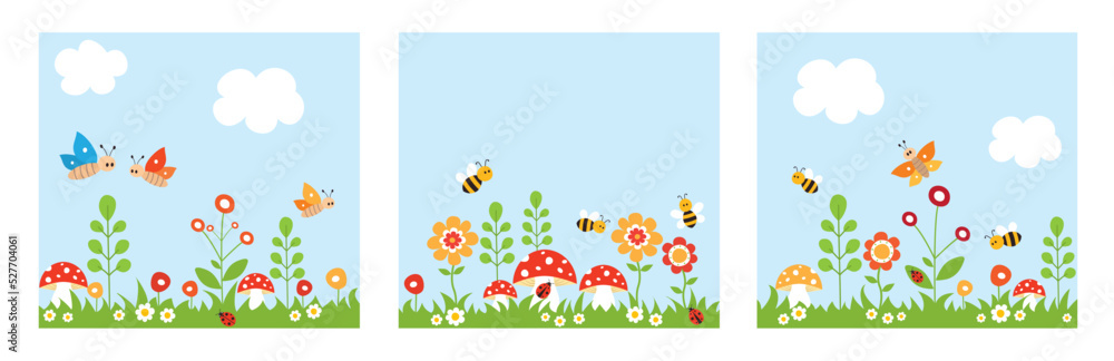 Set of nature landscape background with cute flowers, bees, butterflies ...