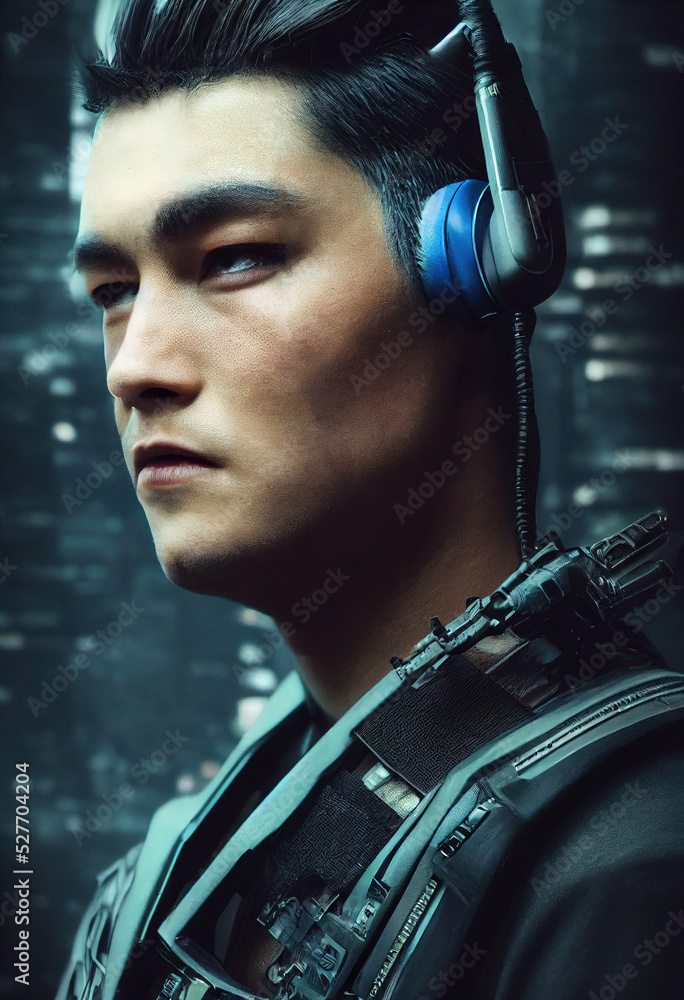Realistic portrait of a sci-fi cyberpunk men in a cyber suit. High-tech ...