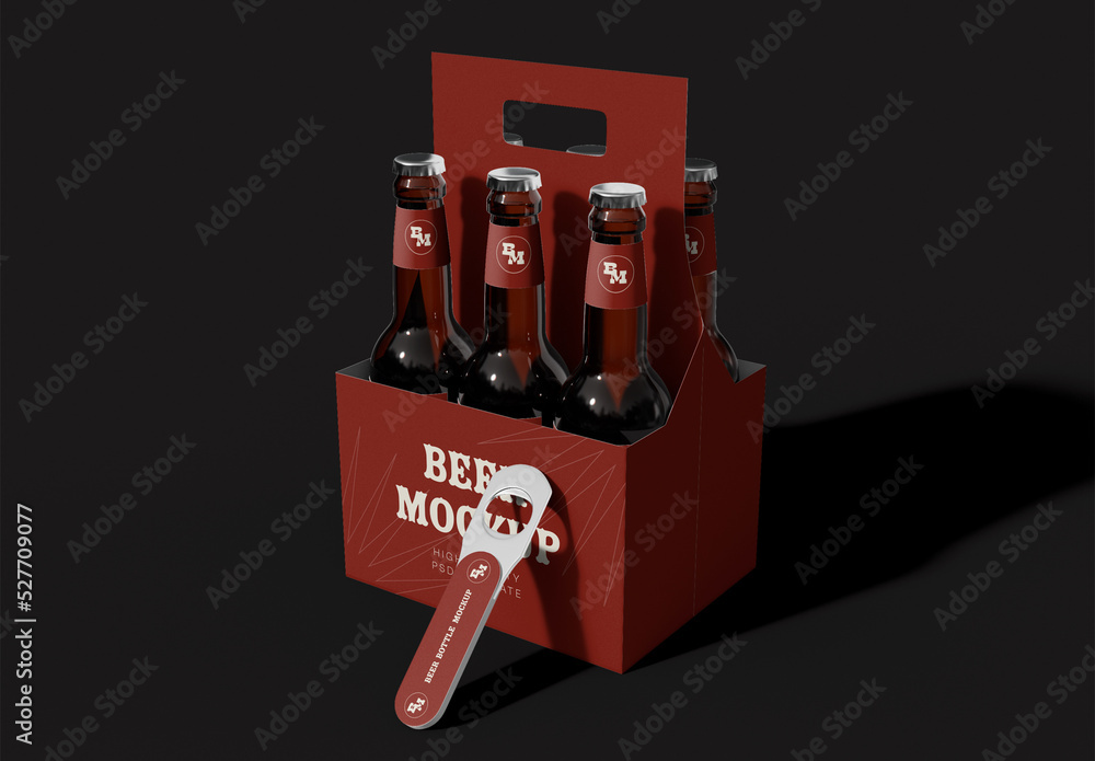 Six Pack Beer Bottles with Metallic Opener Mockup Stock Template ...