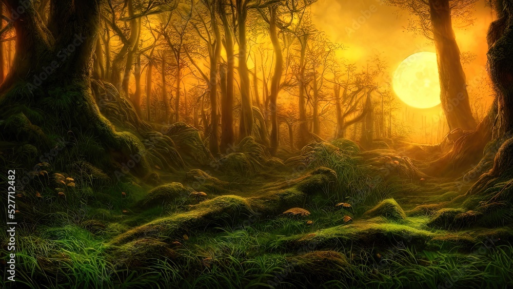 Magical dark fairy tale forest, neon sunset, rays of light through the trees. Fantasy forest ...