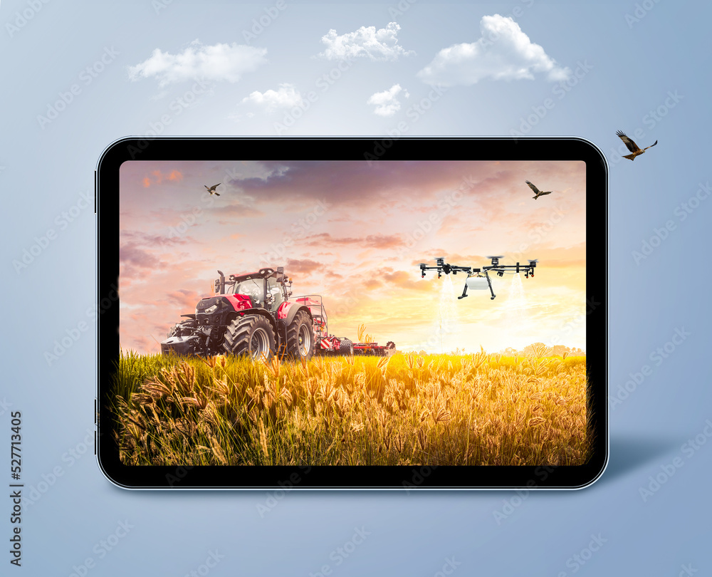 Smart Farming design with harvesting tractor and drone water spraying ...