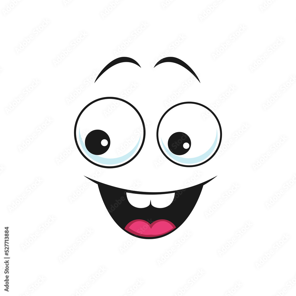 Excited happy face, cartoon vector emoji with wide smile, happiness ...