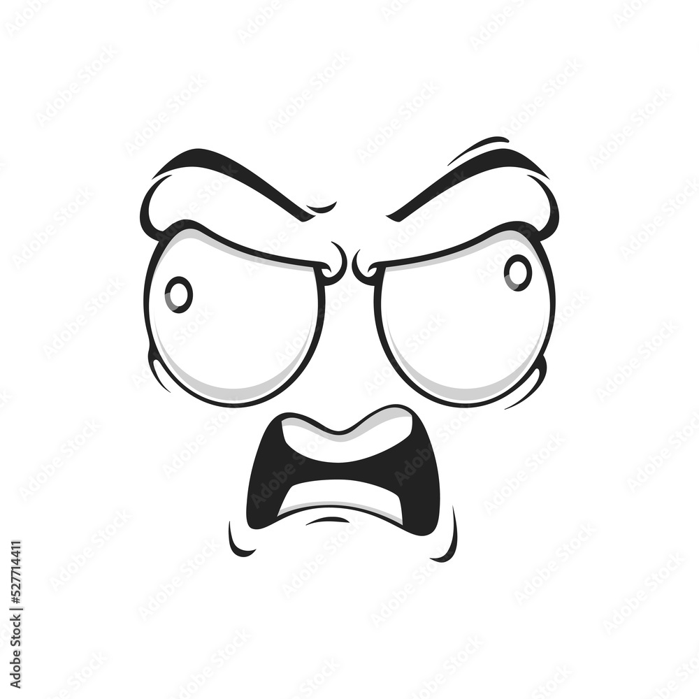 Cartoon angry face with mad eyes and yell mouth. Vector yelling emoji ...