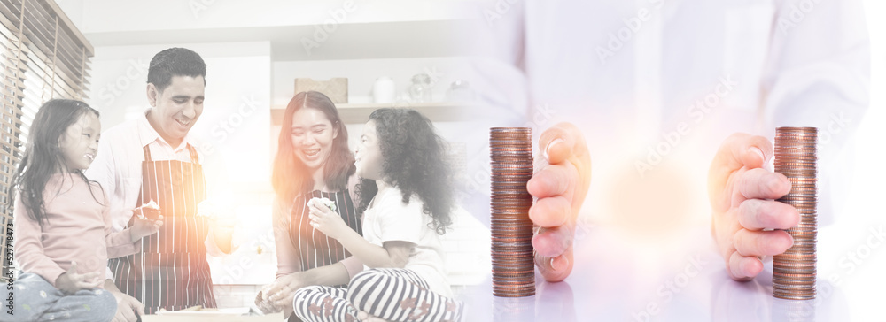 Hand separate saving money, finance, loan, debt into two stack coin ...