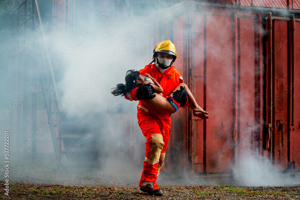 Firefighter help little girl out from room with fire and smoke and he ...