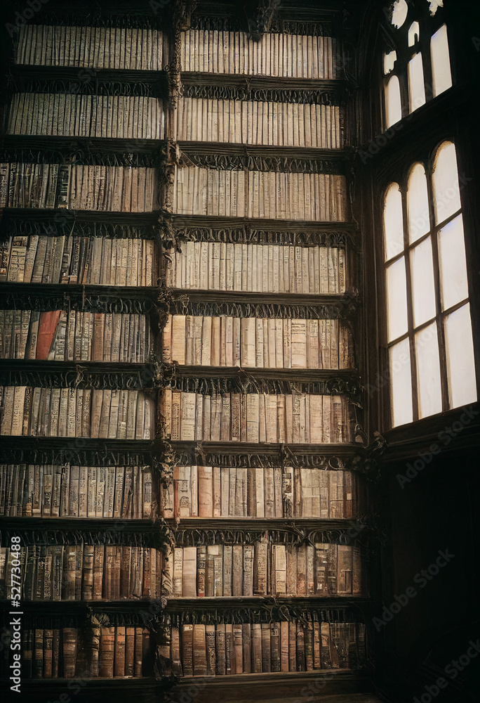 3d rendering of a gothic library with numerous books and bookshelfs ...