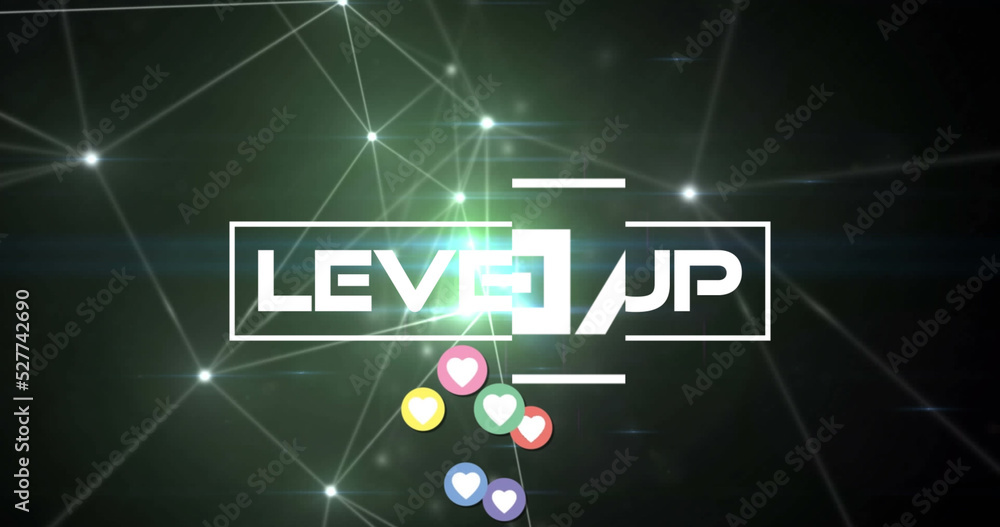 Image of level up text over social media icons and network of ...