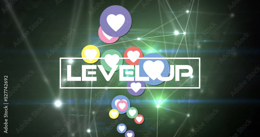 Image of level up text over social media icons and network of ...