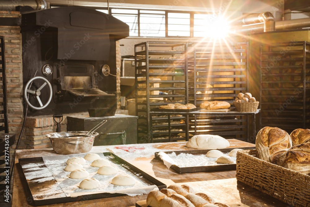 Interior of bakery with back lit emitting from window Stock Photo ...