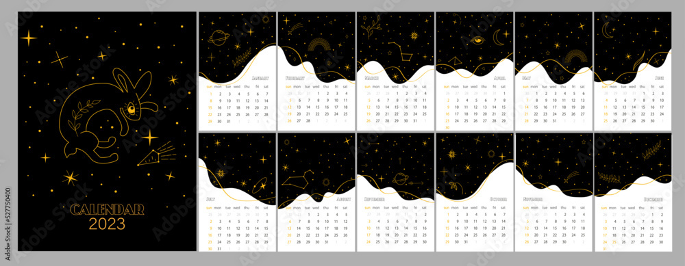 esoteric star calendar for 12 months of 2023. Black calendar with ...