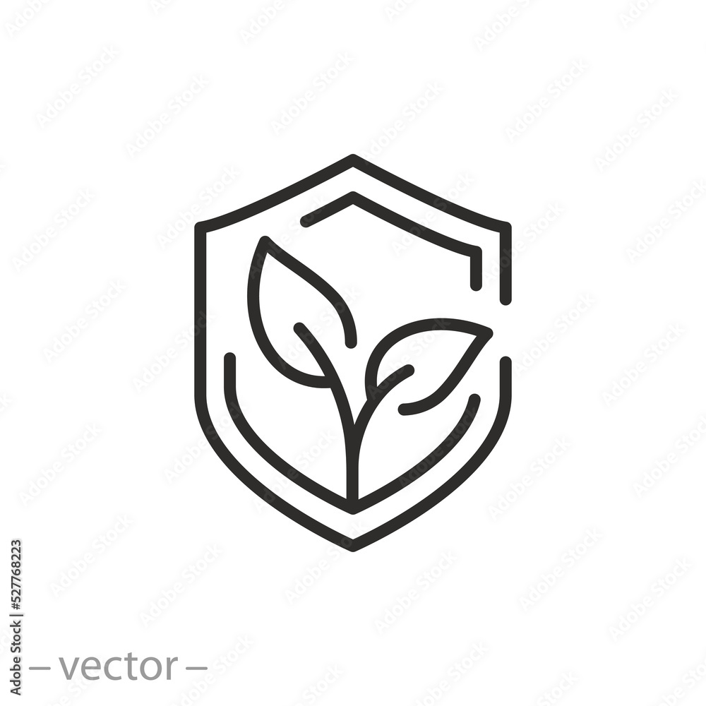shield with leafs icon, save environment or ecology, bio protect, thin ...