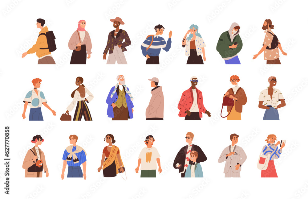 Different modern people set. Happy casual men, women going for diverse ...