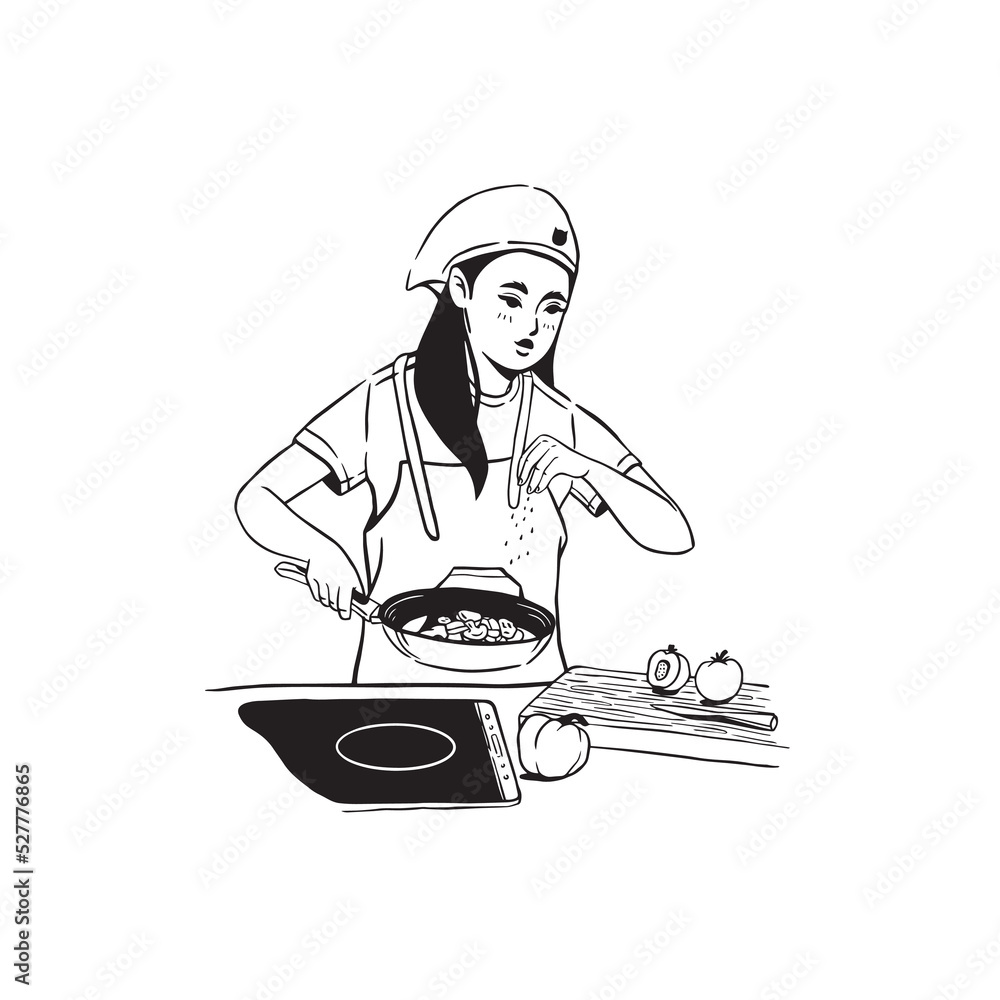 Line drawing girl cooking food. young woman wearing apron standing on ...