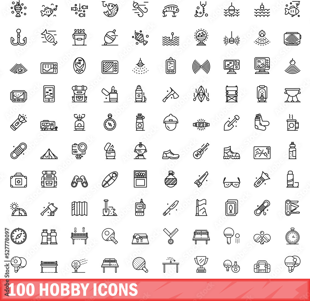 100 hobby icons set. Outline illustration of 100 hobby icons vector set ...