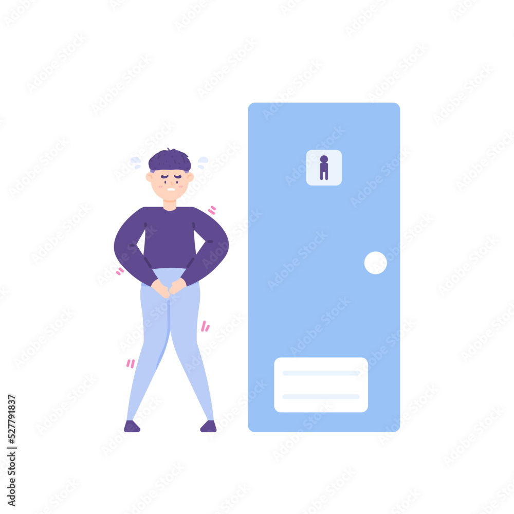 a man queued in front of the toilet door. facial expressions of people ...