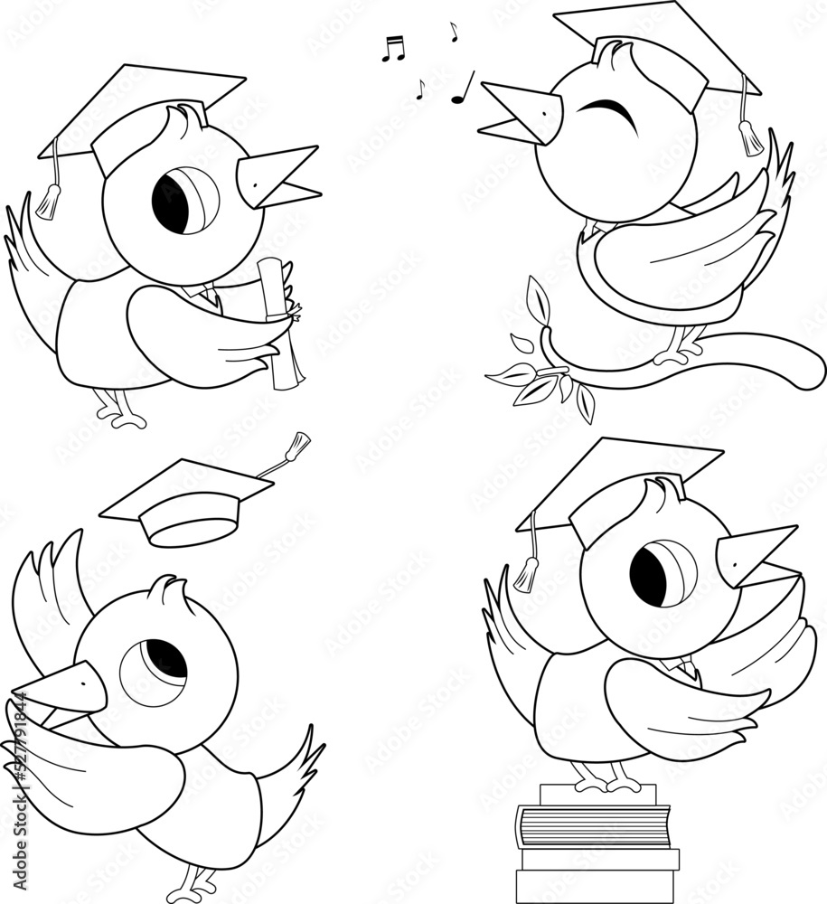 Student birds with graduation hats and gowns. Vector black and white ...