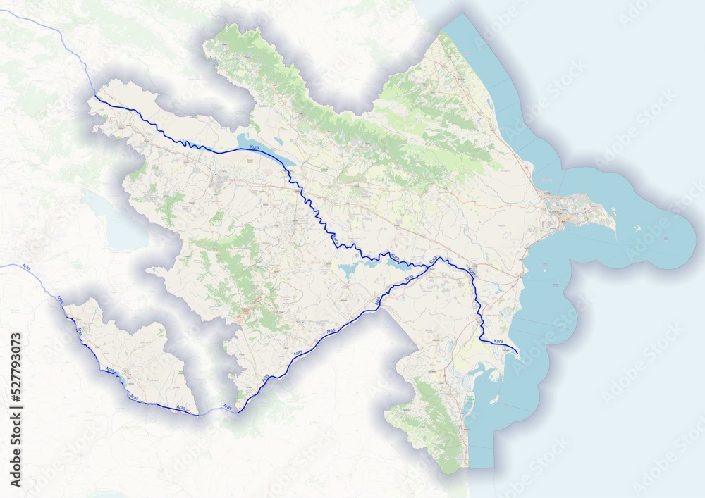 Azerbaijan physical map with important rivers the capital and big cities Stock Illustration ...
