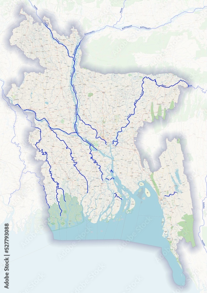 Bangladesh physical map with important rivers the capital and big ...