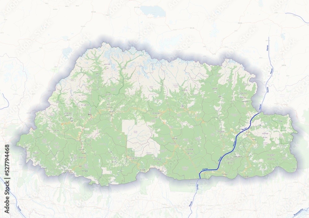 Bhutan physical map with important rivers the capital and big cities ...