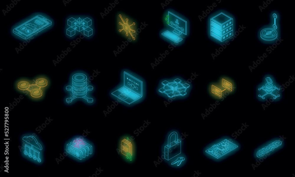 Block chain icons set. Isometric set of block chain vector icons neon ...