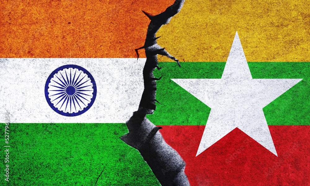 Myanmar vs India flags on a wall with a crack. India and Myanmar ...